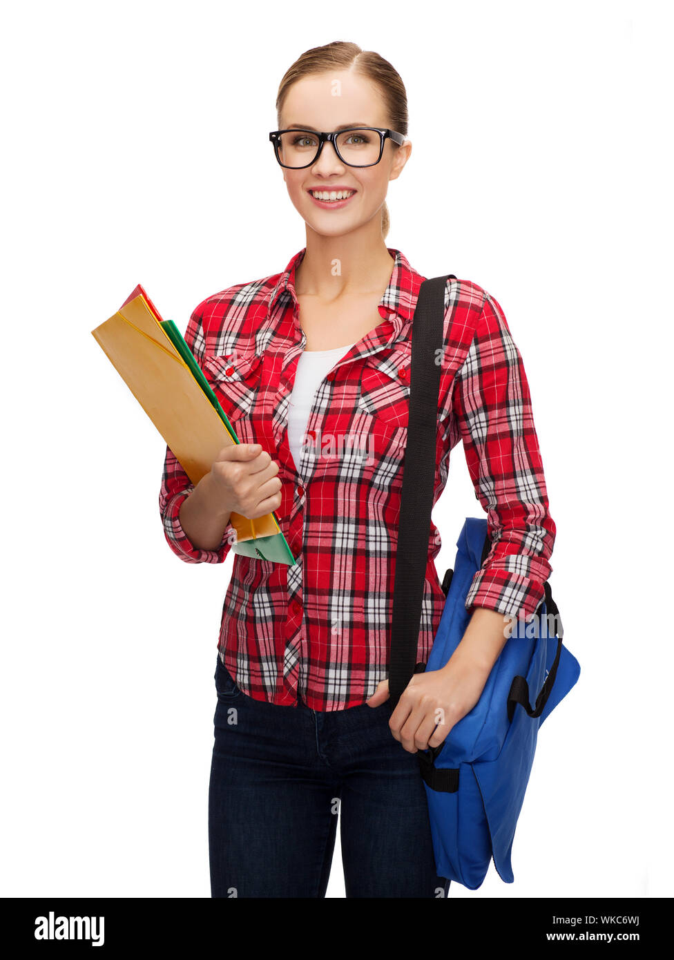female student in eyeglasses with bag and folders Stock Photo - Alamy