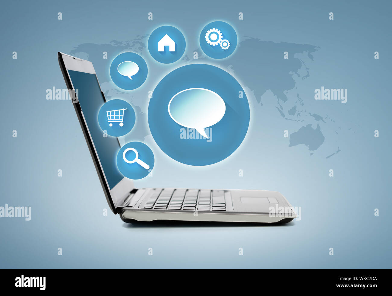 technology and advertisement concept - laptop computer with icons Stock ...