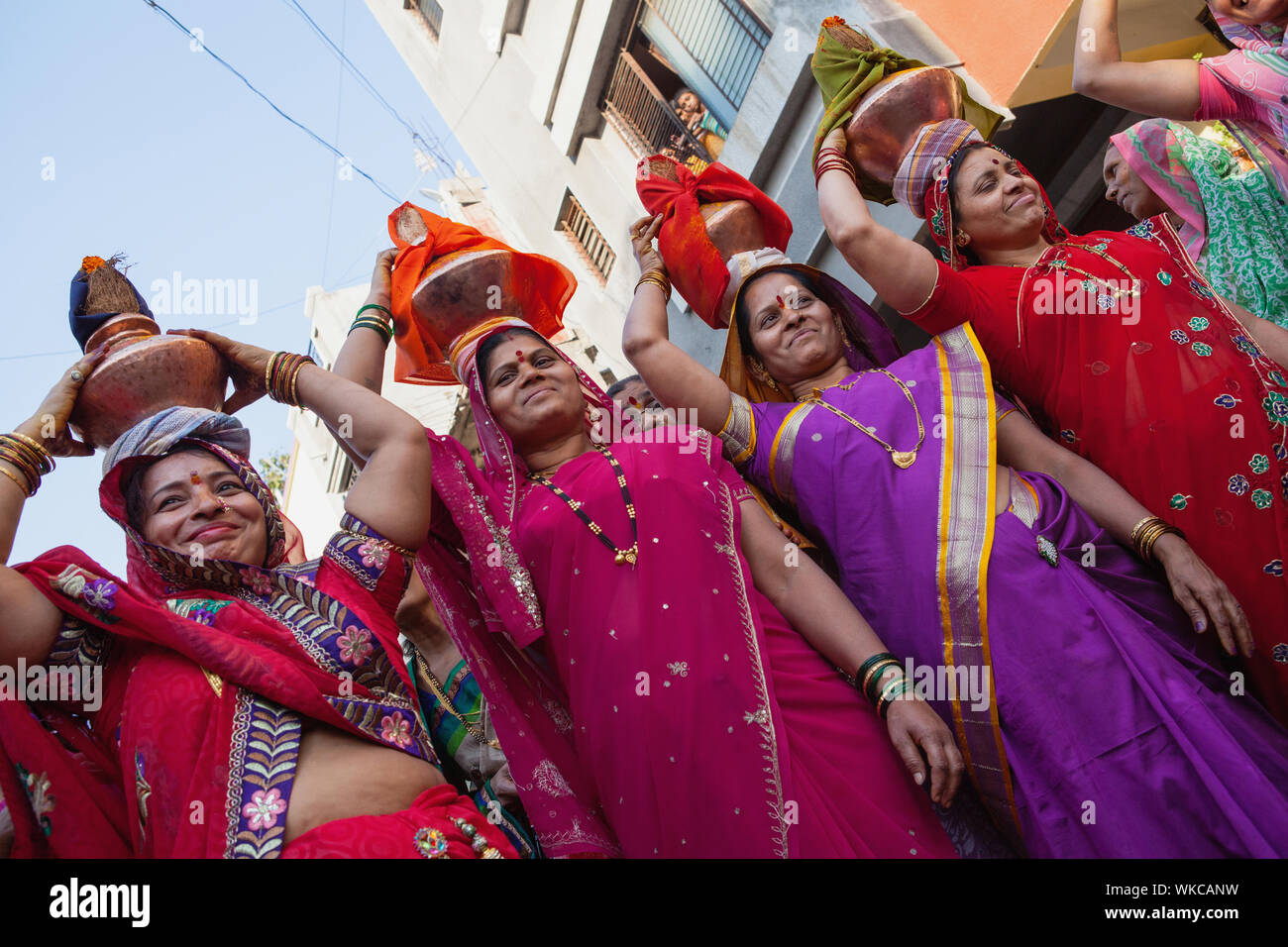 India, Maharashtra, Dhule, A group of women celebrate a local festival ...