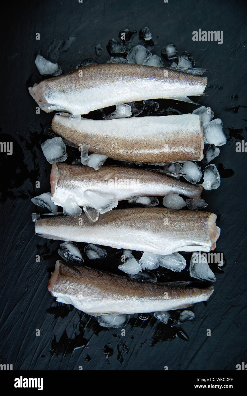Raw fish hake. Five Raw fish fillet on ice on dark background, food ...