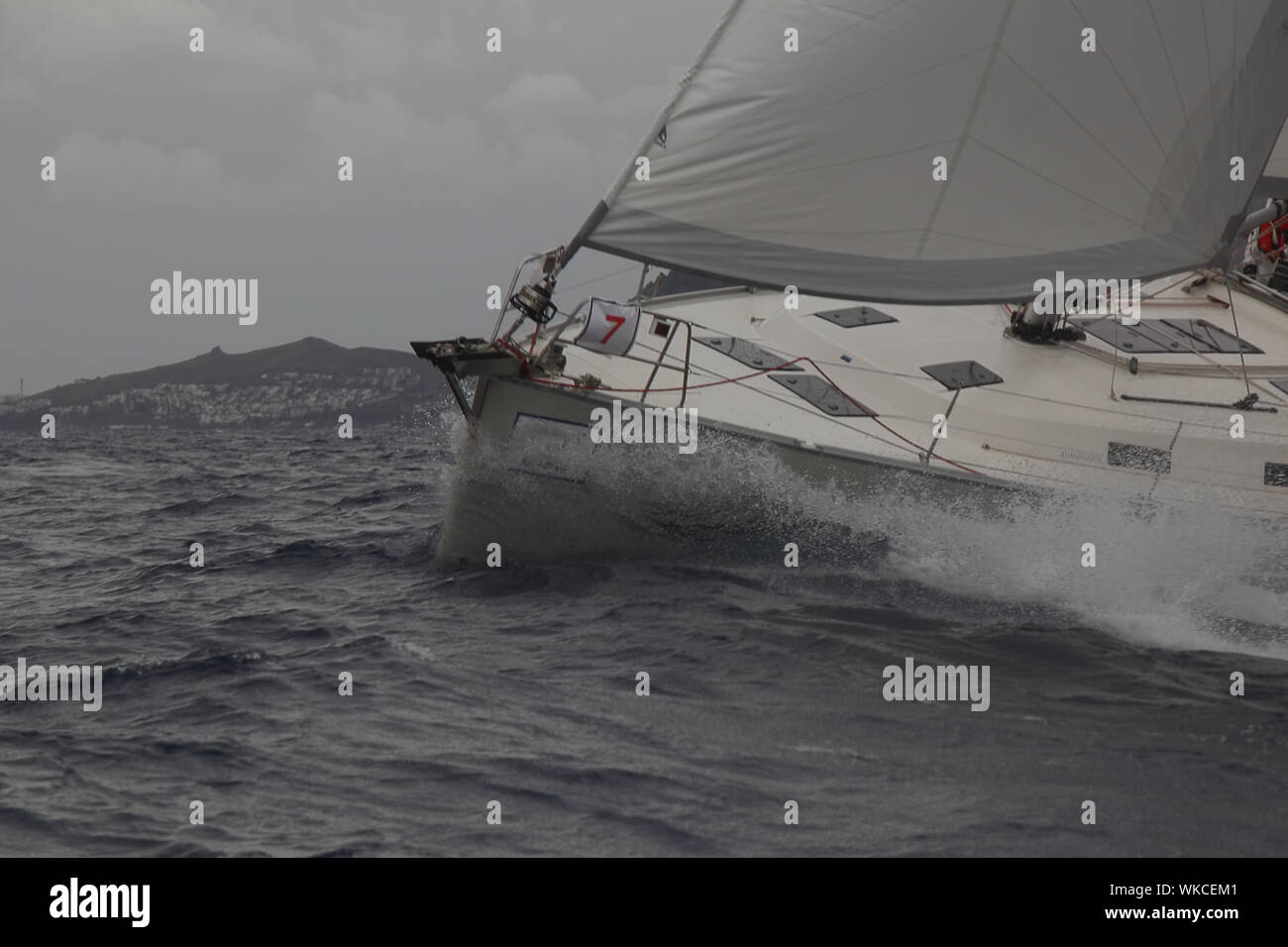 Close up of sailing boat, sail boat or yacht at sea Stock Photo - Alamy