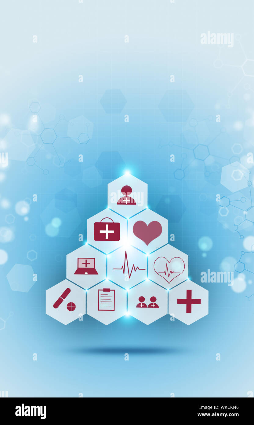 abstract healthcare and science medical illustration with red icons ...