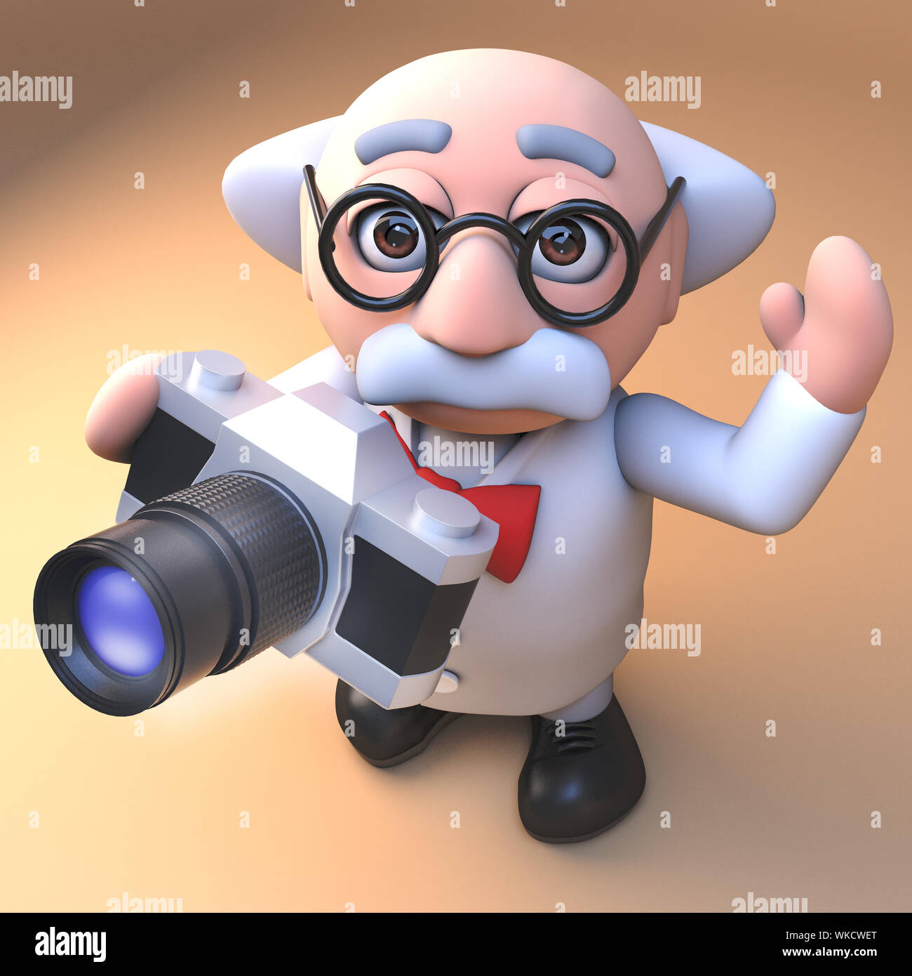 3d mad scientist professor character taking a photo with a camera, 3d ...