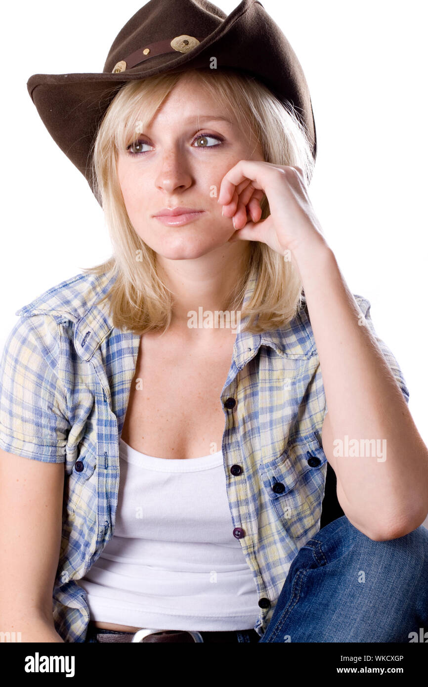 pretty western woman in hat closeup on white background Stock Photo - Alamy