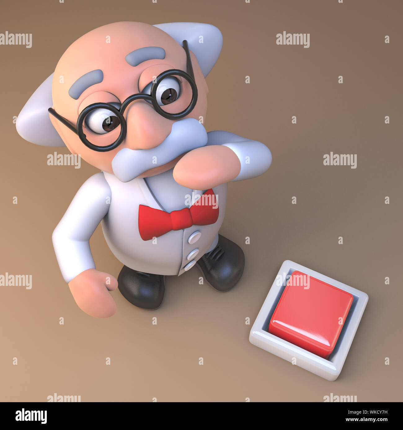 3d mad scientist professor cartoon character looking at a button on the ...