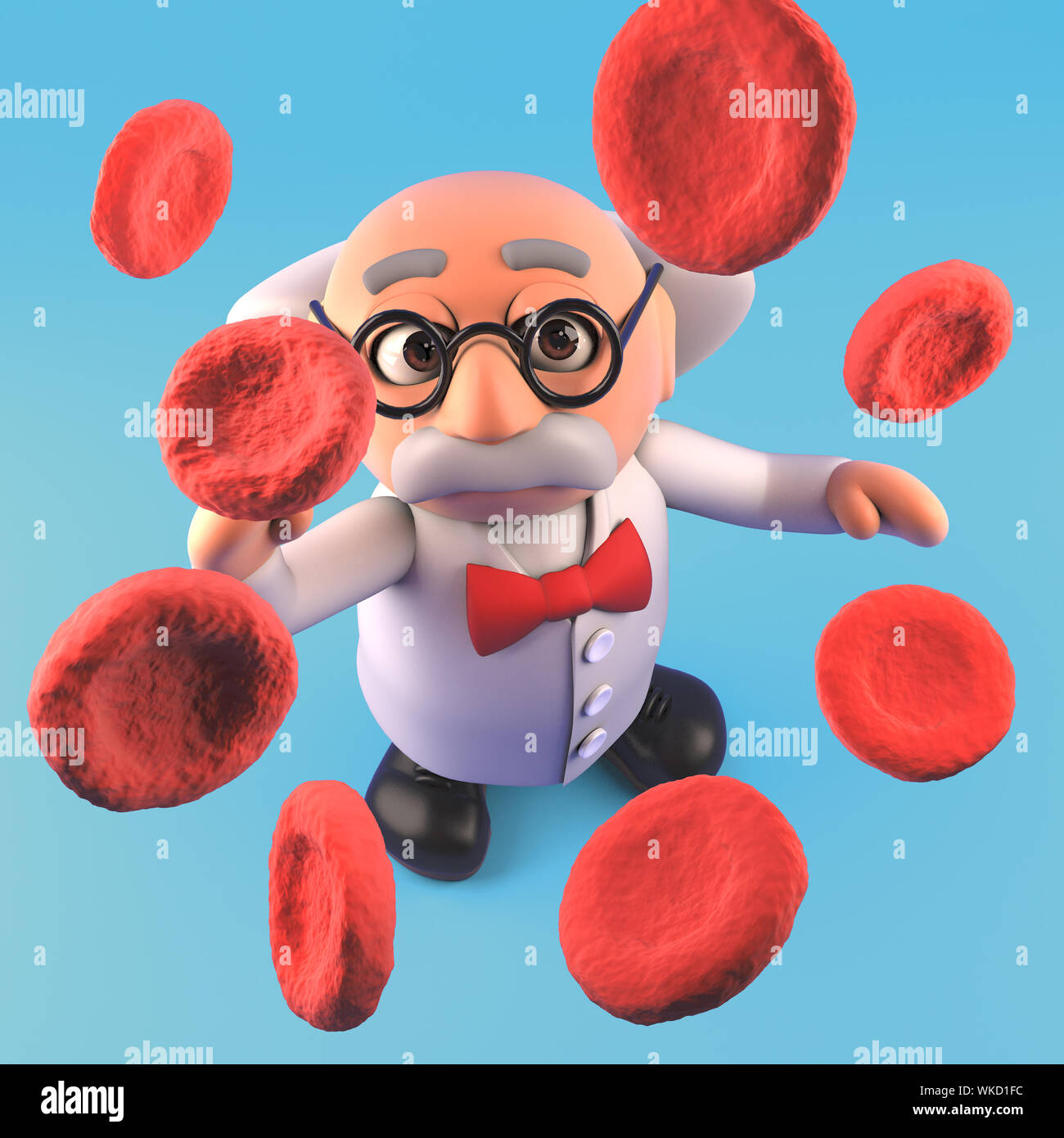 3d cartoon mad professor scientist looking at large blood cells, 3d ...