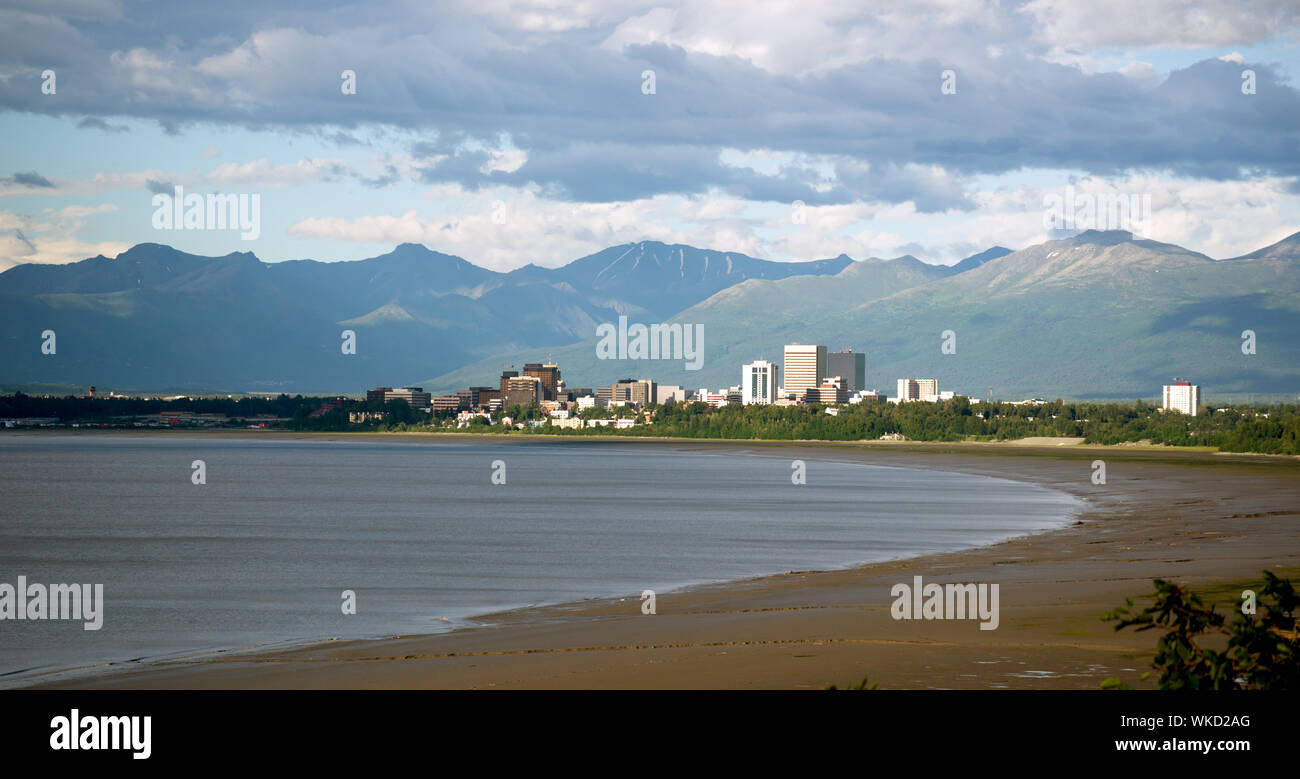 Sandy beach bay Anchorage Alaska downtown city skyline Stock Photo - Alamy