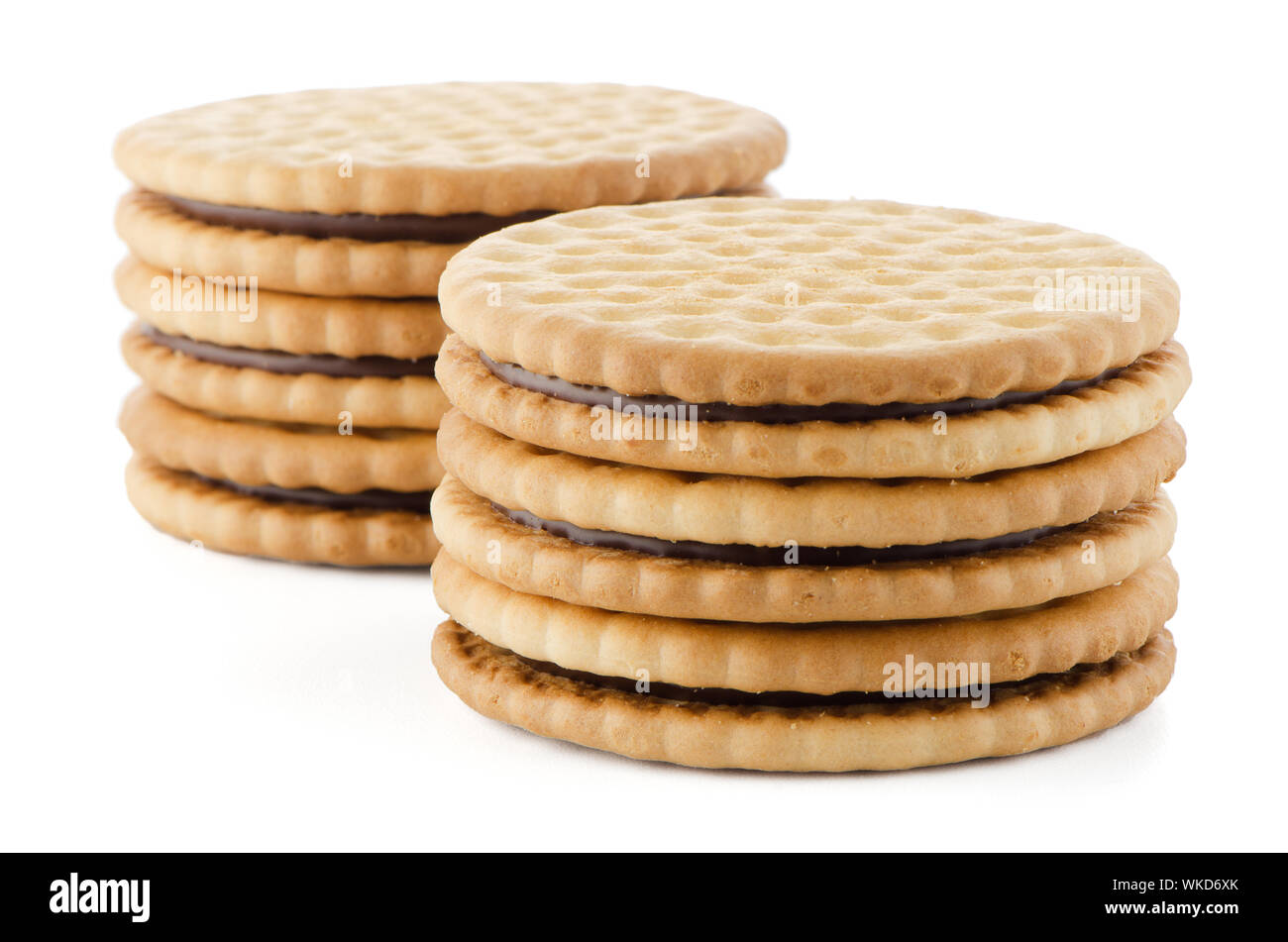 Sandwich biscuits with chocolate filling on a white background Stock ...