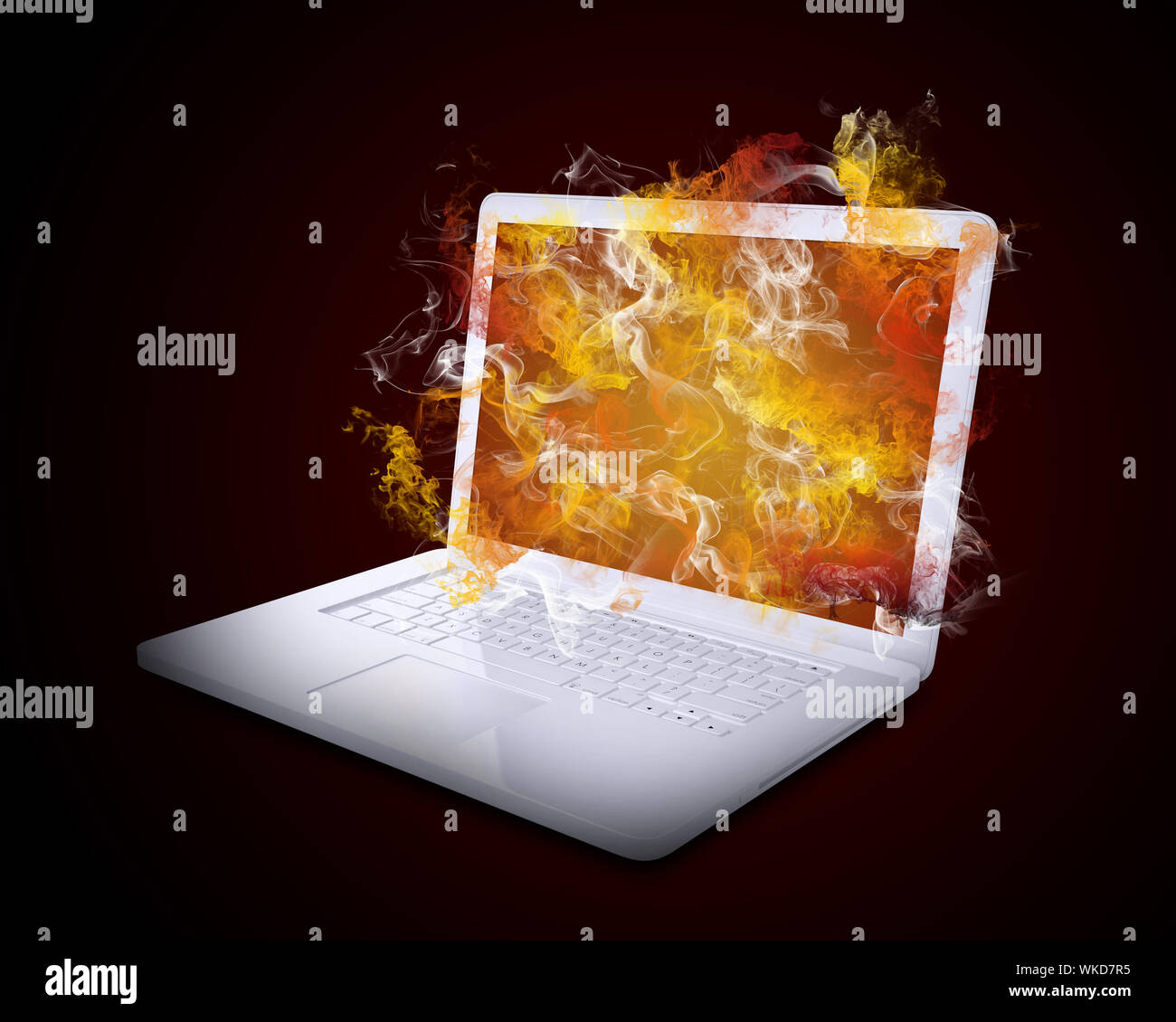 Open white laptop emits colored smoke. The technology concept Stock ...