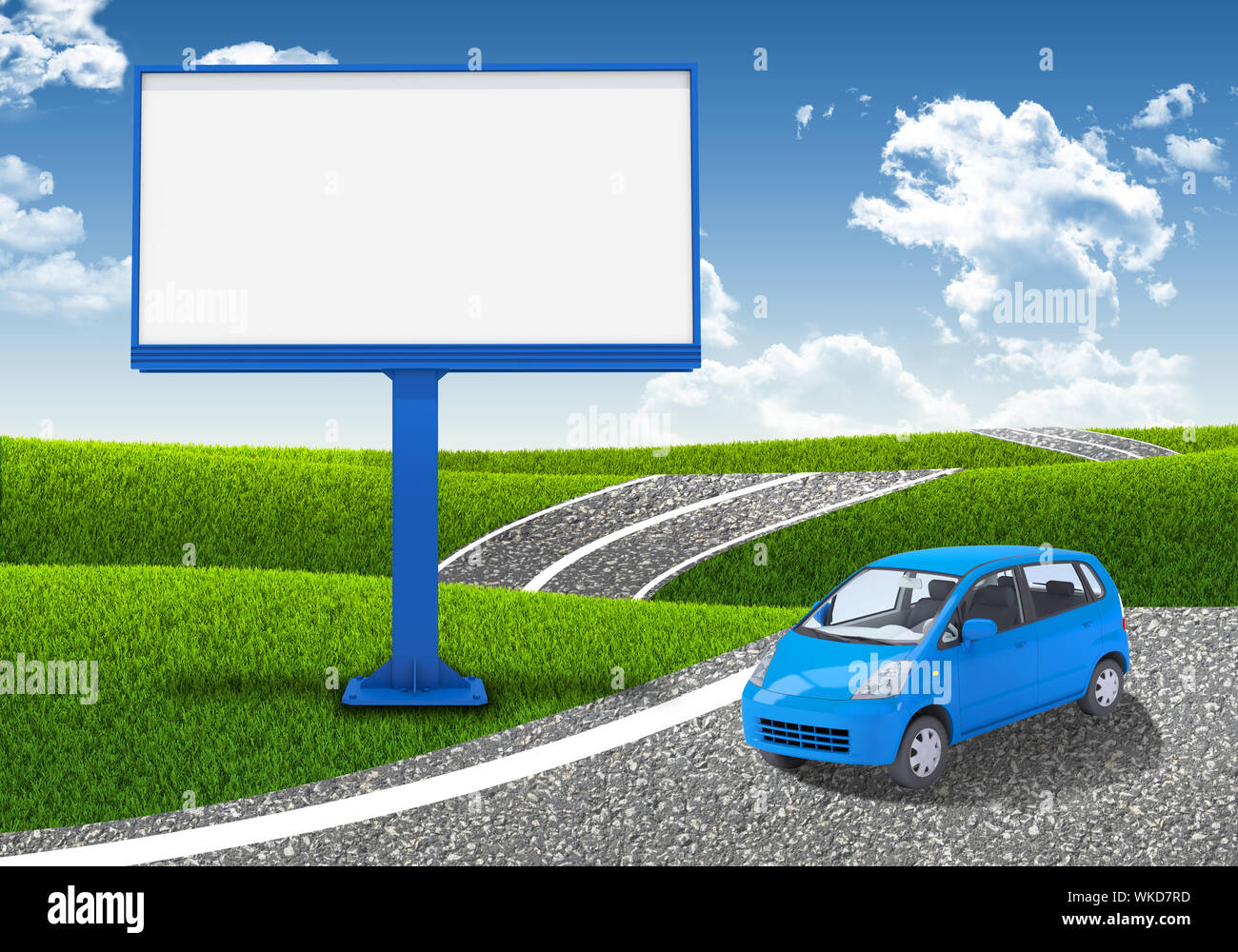 Small car is on road. Empty billboard and green grass as backdrop Stock ...