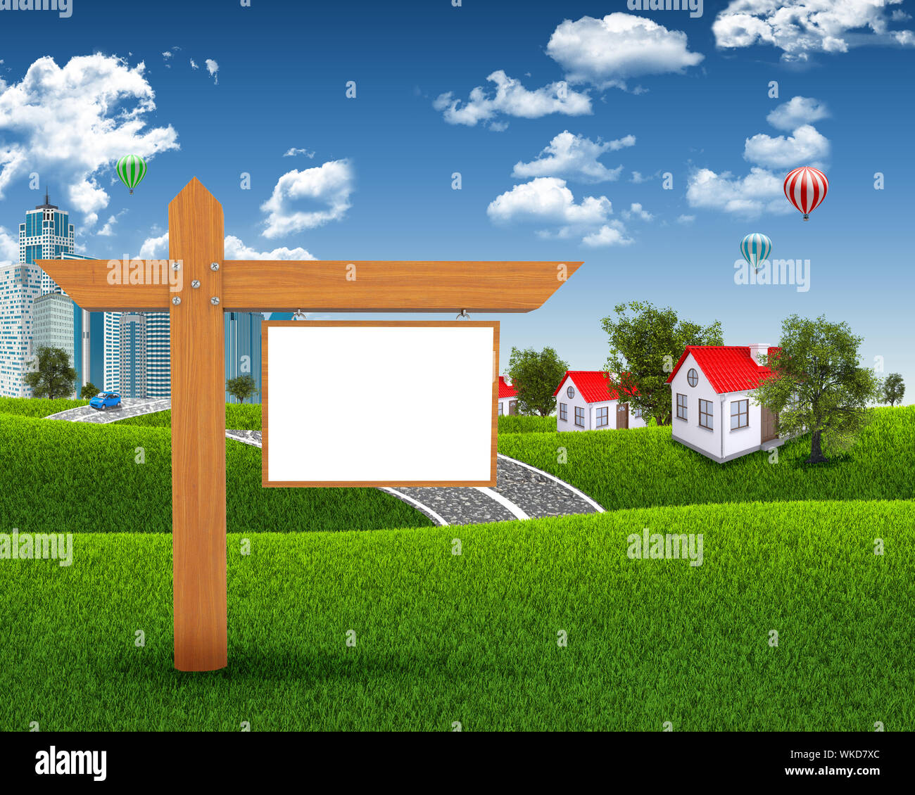 Empty wooden signboard. Forest, house and balloon as backdrop Stock ...