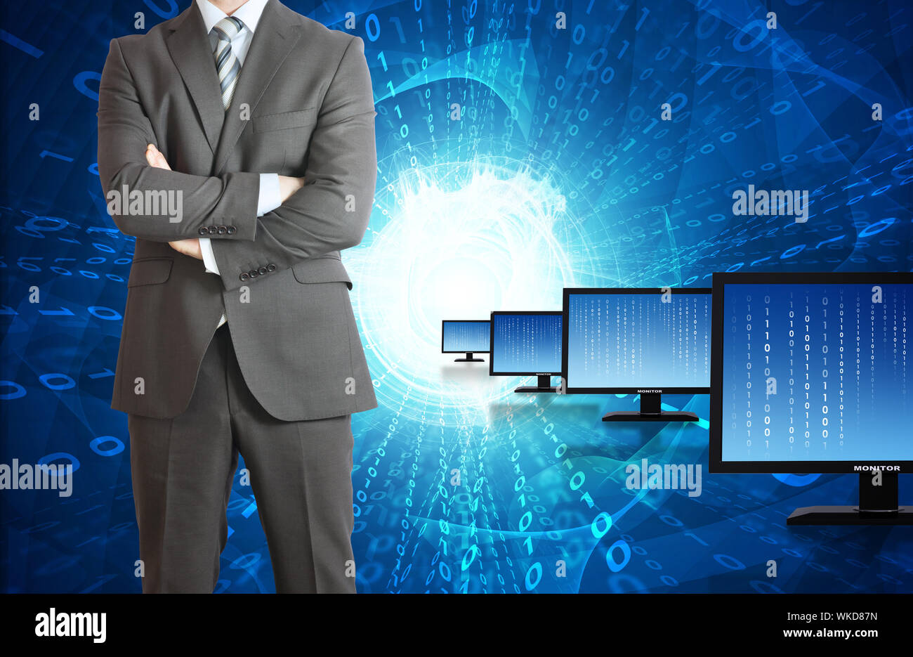Row monitors with glowing figures and businessman in suit. Hi-tech ...