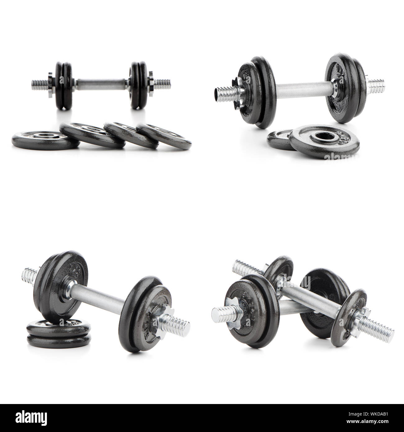 Fitness exercise equipment dumbbell weights on white background Stock ...