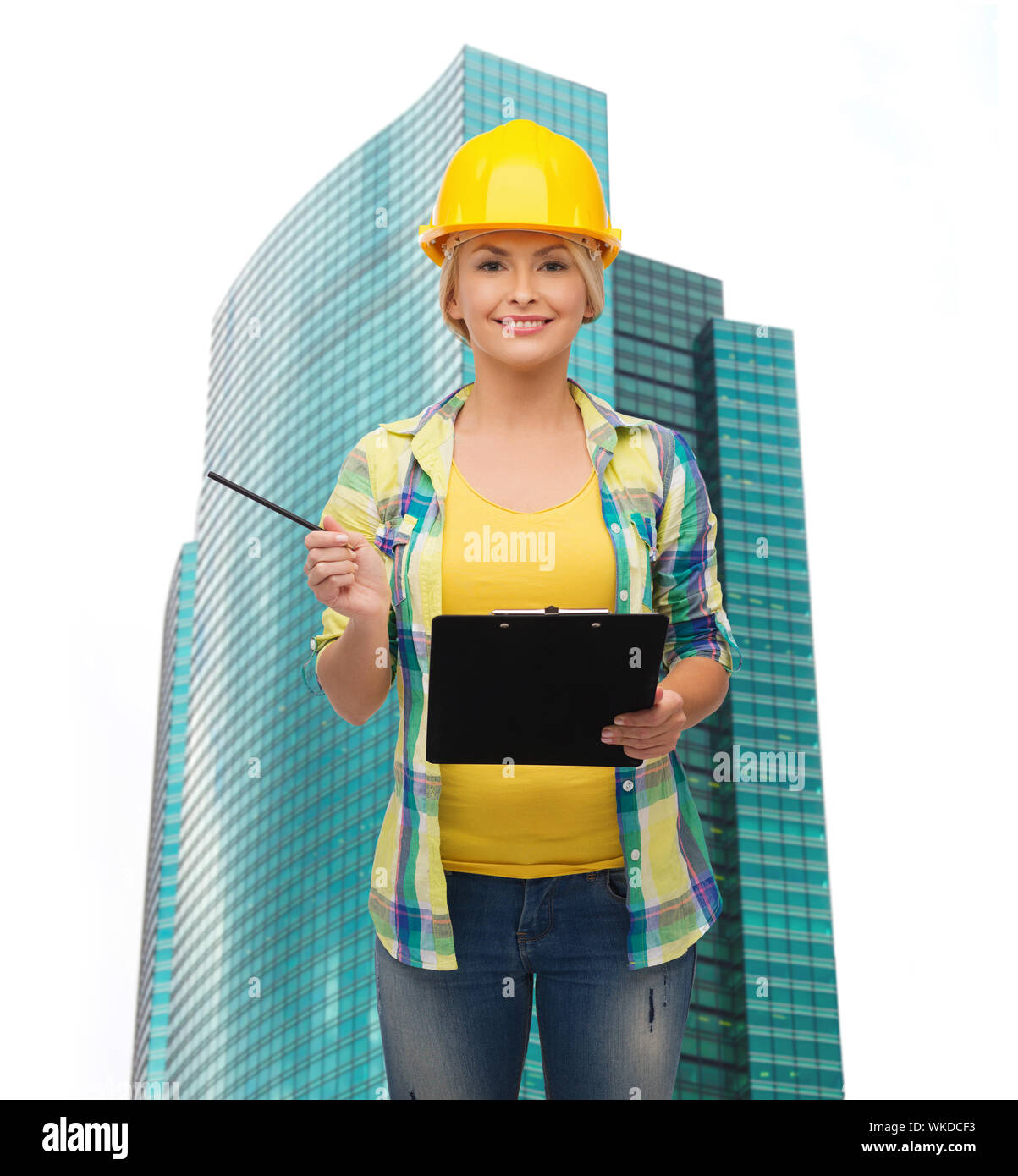 repair, construction and maintenance concept - smiling woman in helmet ...