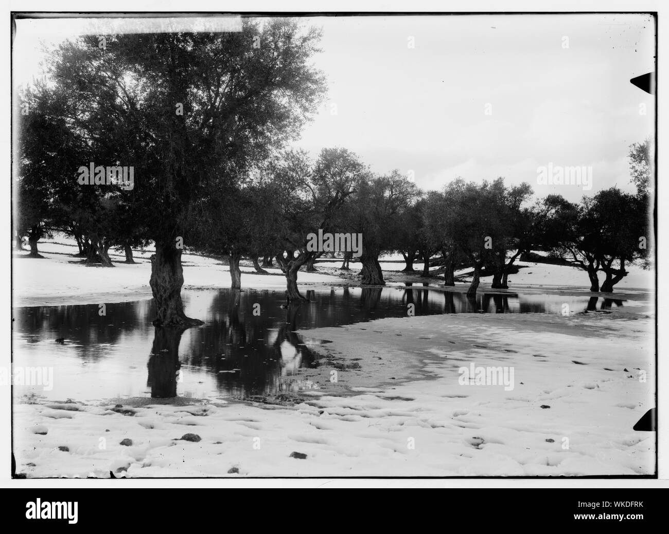 Jerusalem during a snowy winter. Winter torrent brook Kedron i.e ...