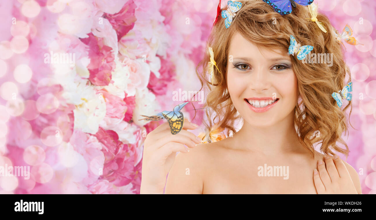 happy teenage girl with butterflies in hair Stock Photo - Alamy