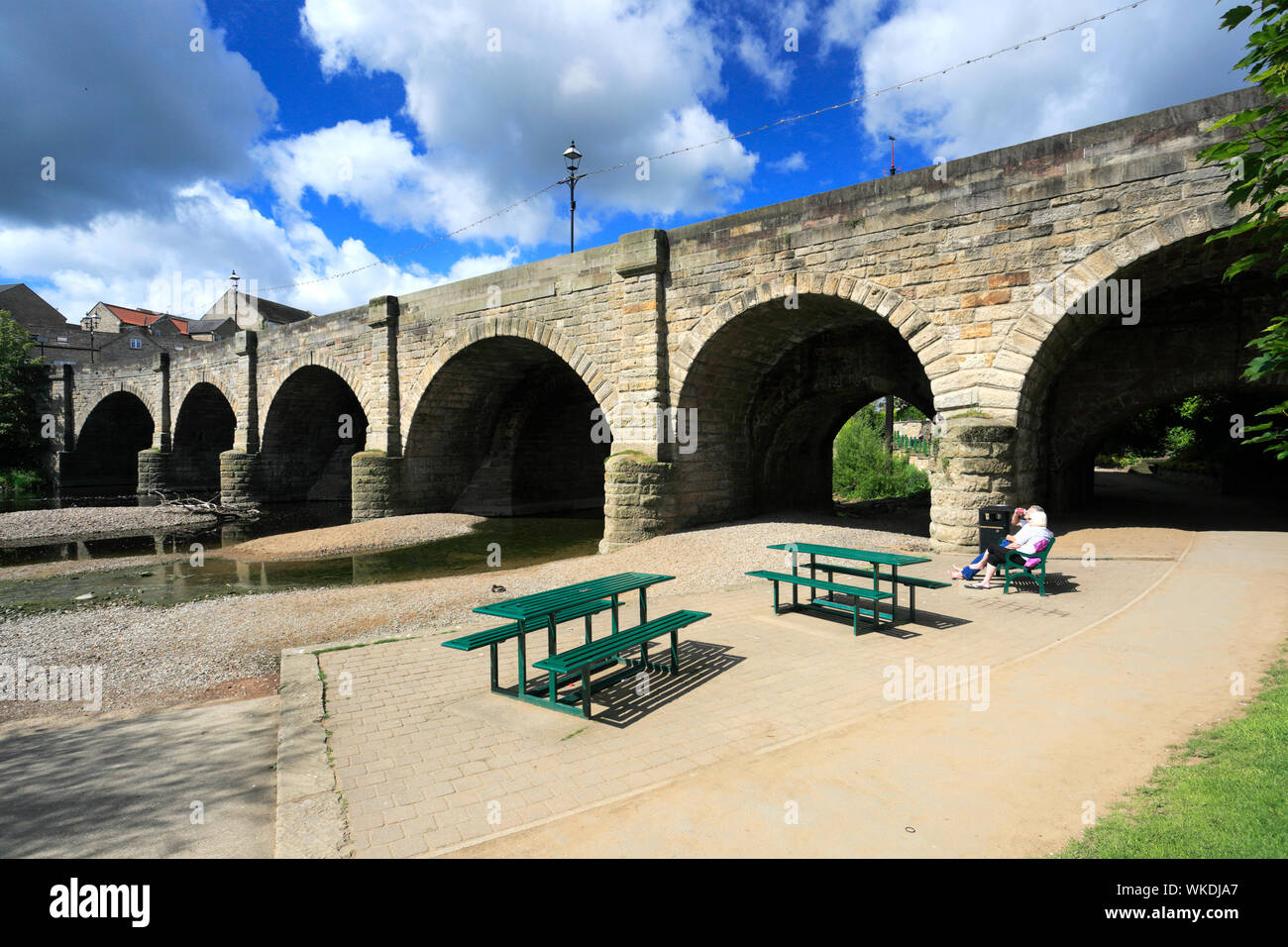 Summer view over the river Wharf bridge, Wetherby town, North Yorkshire ...