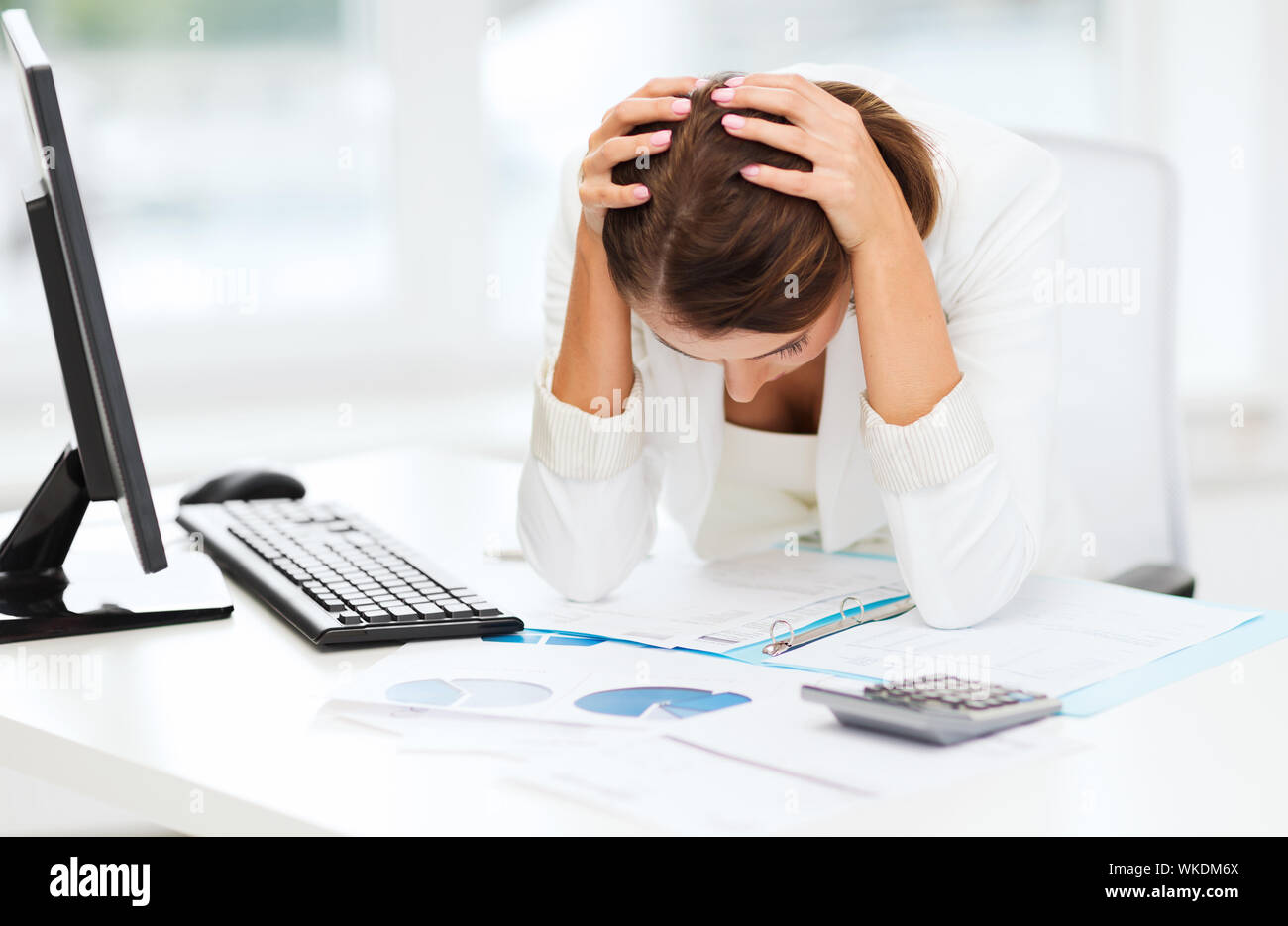 business, office, school and education concept - stressed businesswoman ...