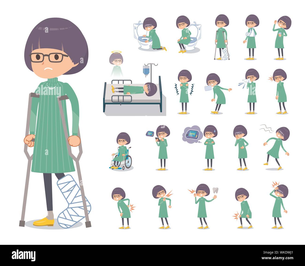 A set of girl with injury and illness.There are actions that express ...