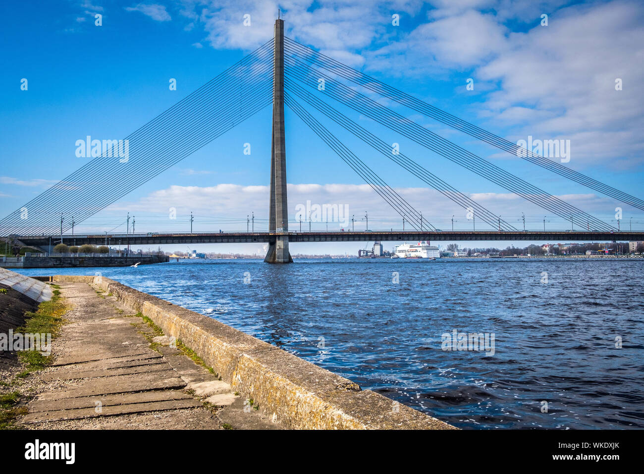 Latvia, Riga. Vanau Bridge, cable-stayed road bridge across the Dauvaga ...