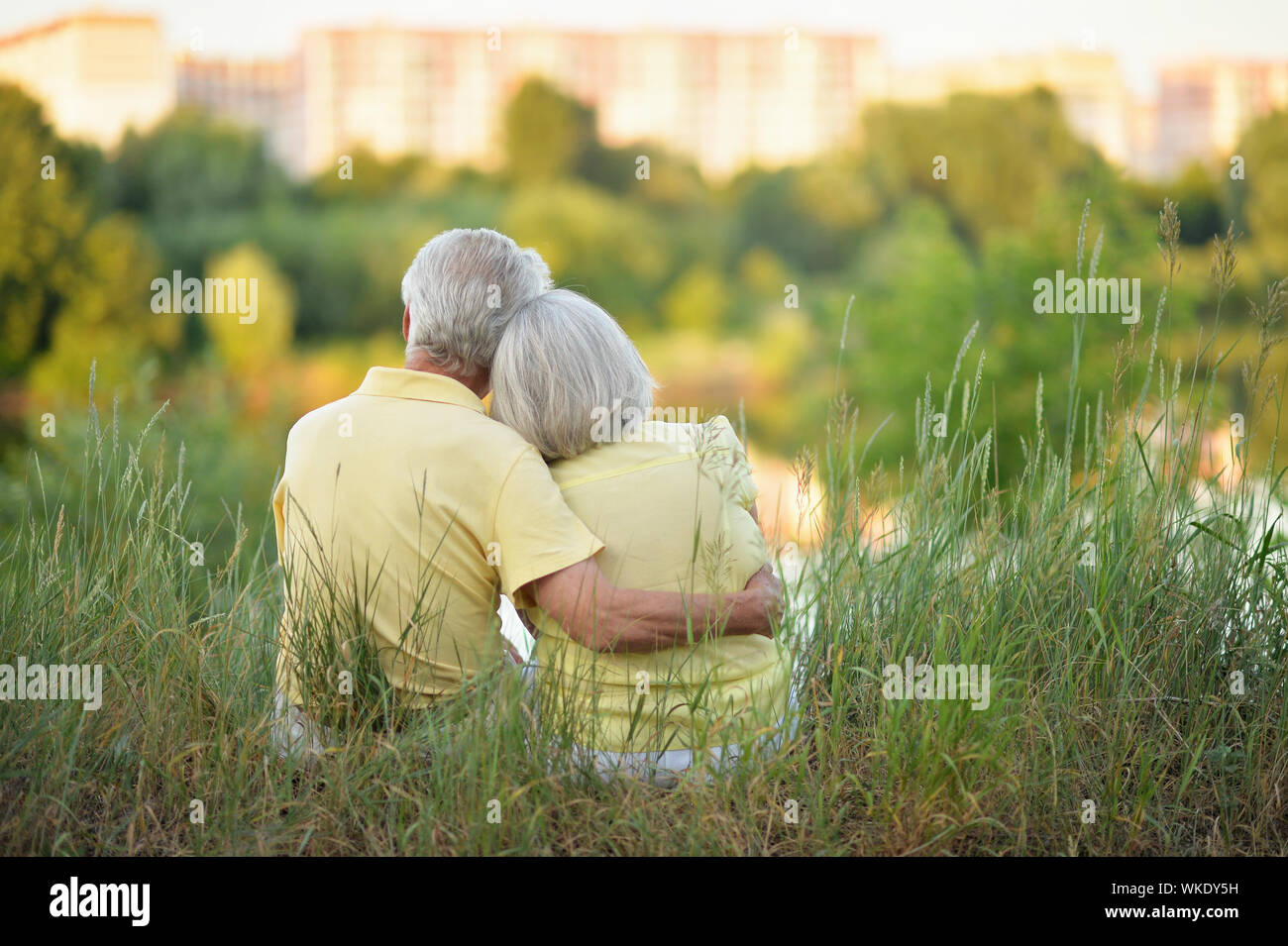 beautiful senior couple hugging in the park, back view Stock Photo - Alamy