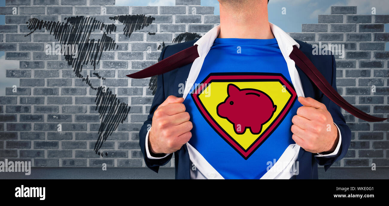 Businessman opening shirt in superhero style against world map doodle ...