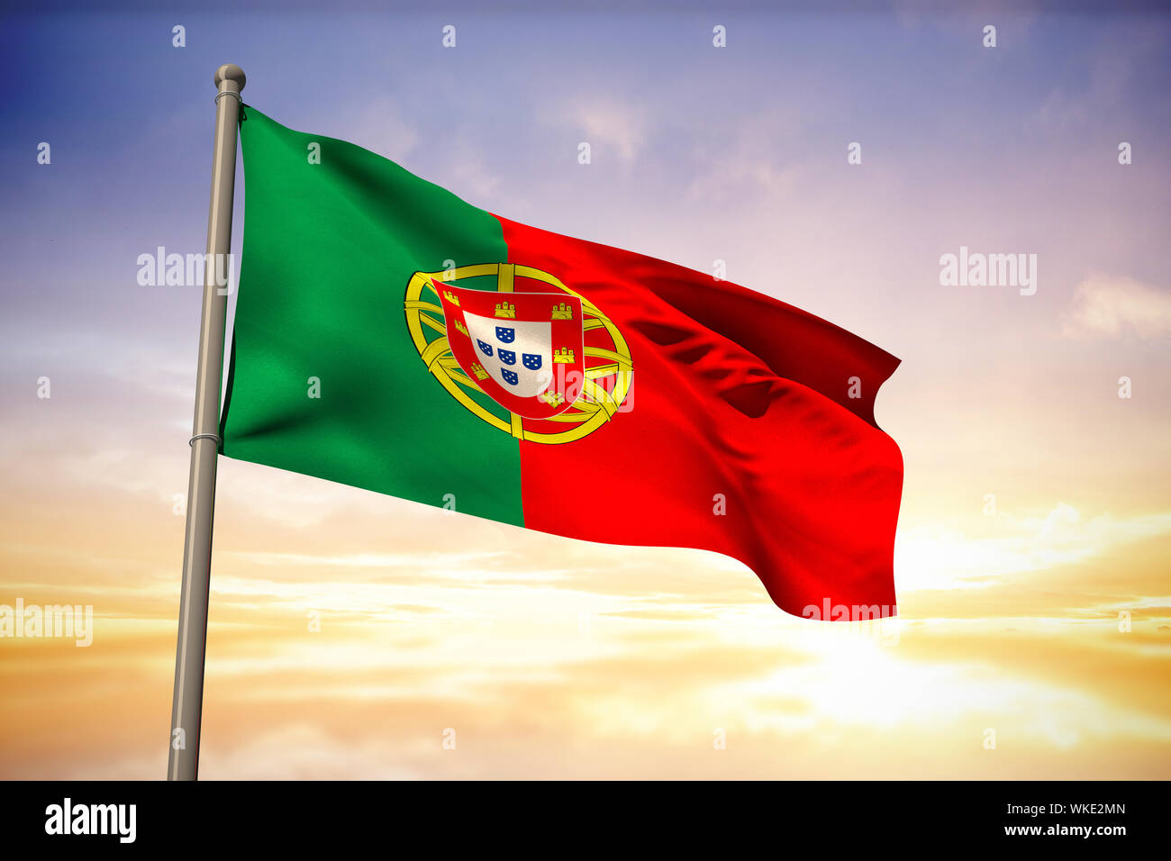 Portugal national flag against beautiful blue and yellow sky Stock ...