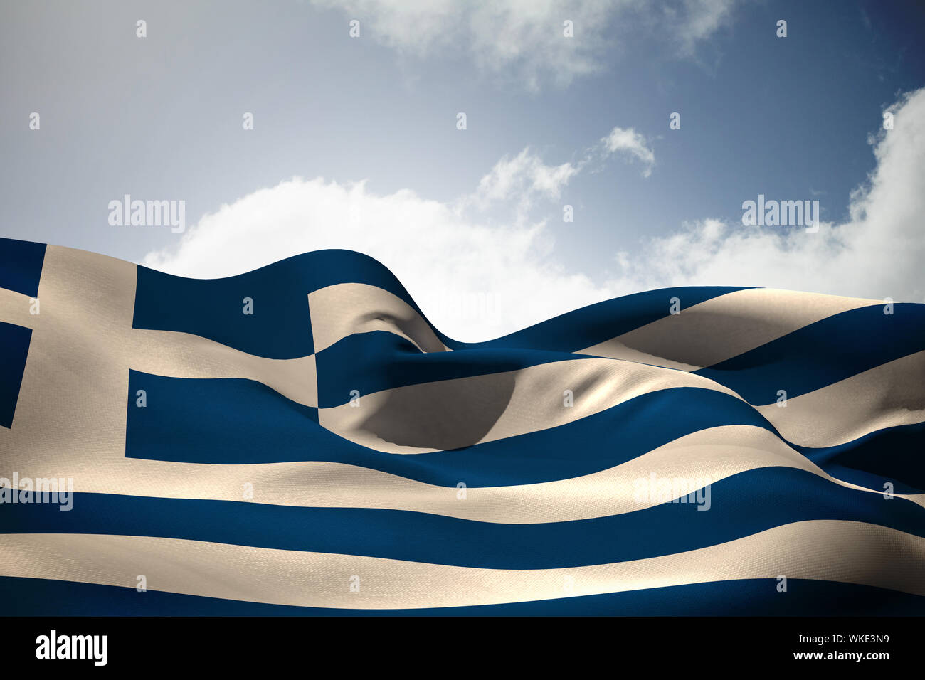 Greece flag waving against bright blue sky with clouds Stock Photo - Alamy