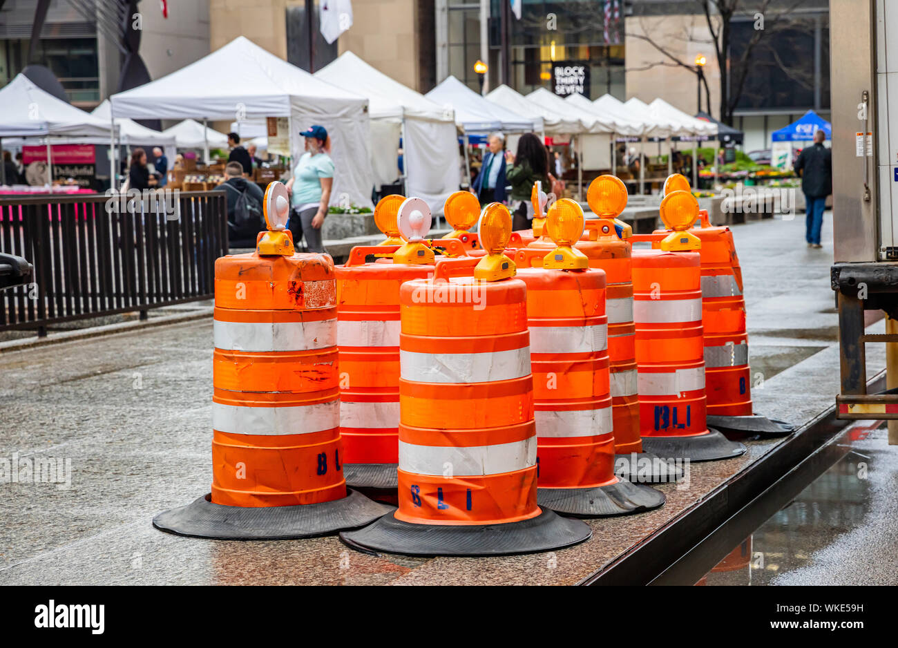 Chicago, Illinois, US. May 9, 2019: Road works. Road construction ahead ...