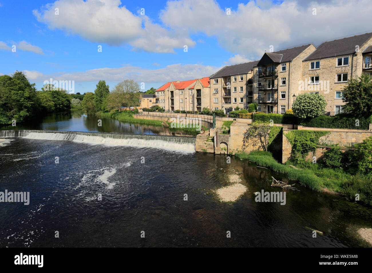 Summer view over the river Wharf bridge, Wetherby town, North Yorkshire ...
