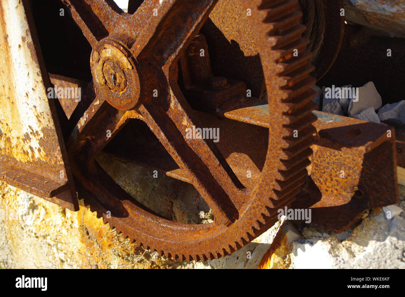 A rusty gear wheel in old, corroded mechanism of boat winch Stock Photo ...