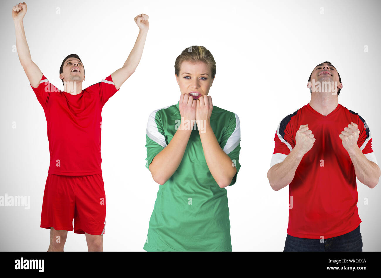 Composite image of football fans and player against white background ...