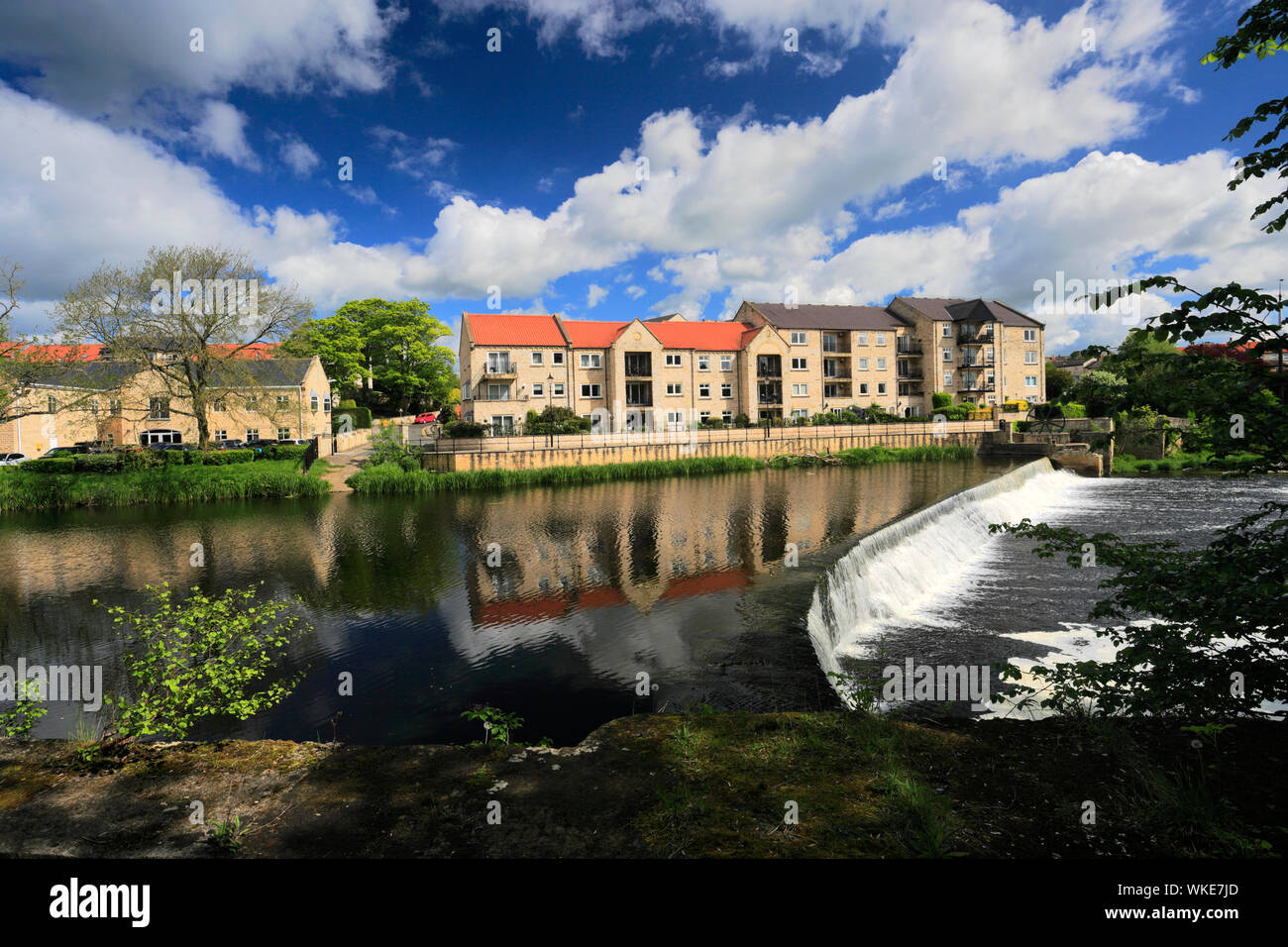 Summer view over the river Wharf bridge, Wetherby town, North Yorkshire ...