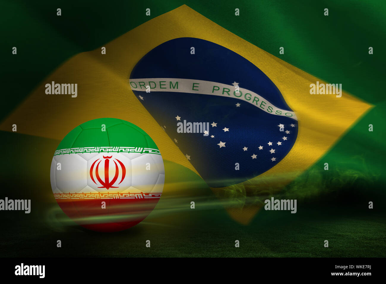 Football in iran colours against brazilian flag waving Stock Photo - Alamy