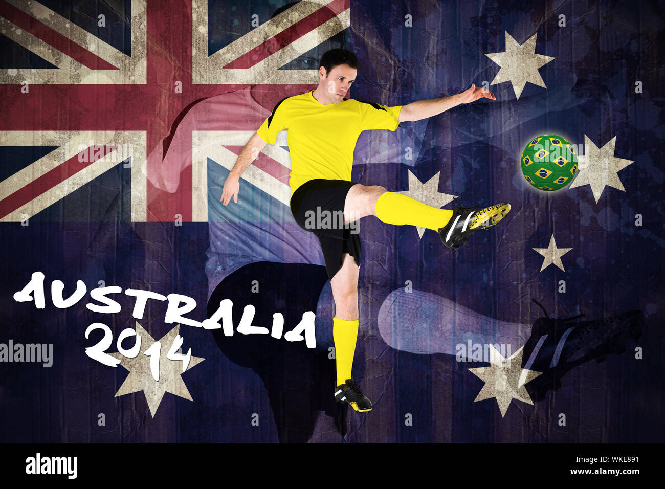 Football player in yellow kicking against australia flag in grunge ...