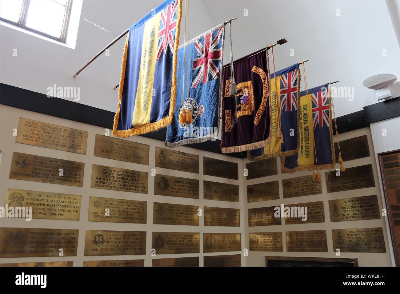 Plaques and standards in St GEorge's memorial church in Ypres / Ieper ...