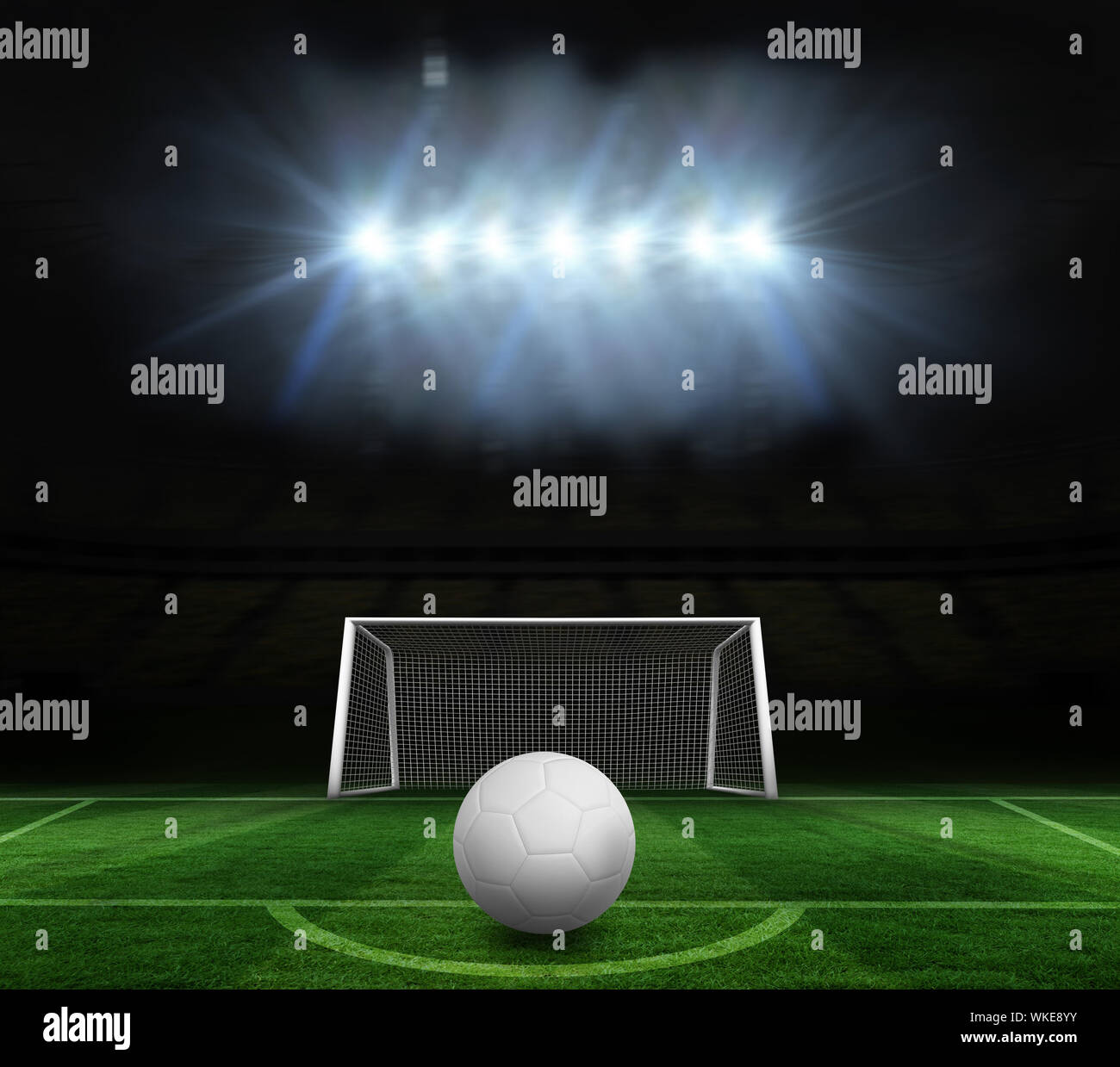 Digitally generated white leather football against football pitch and ...