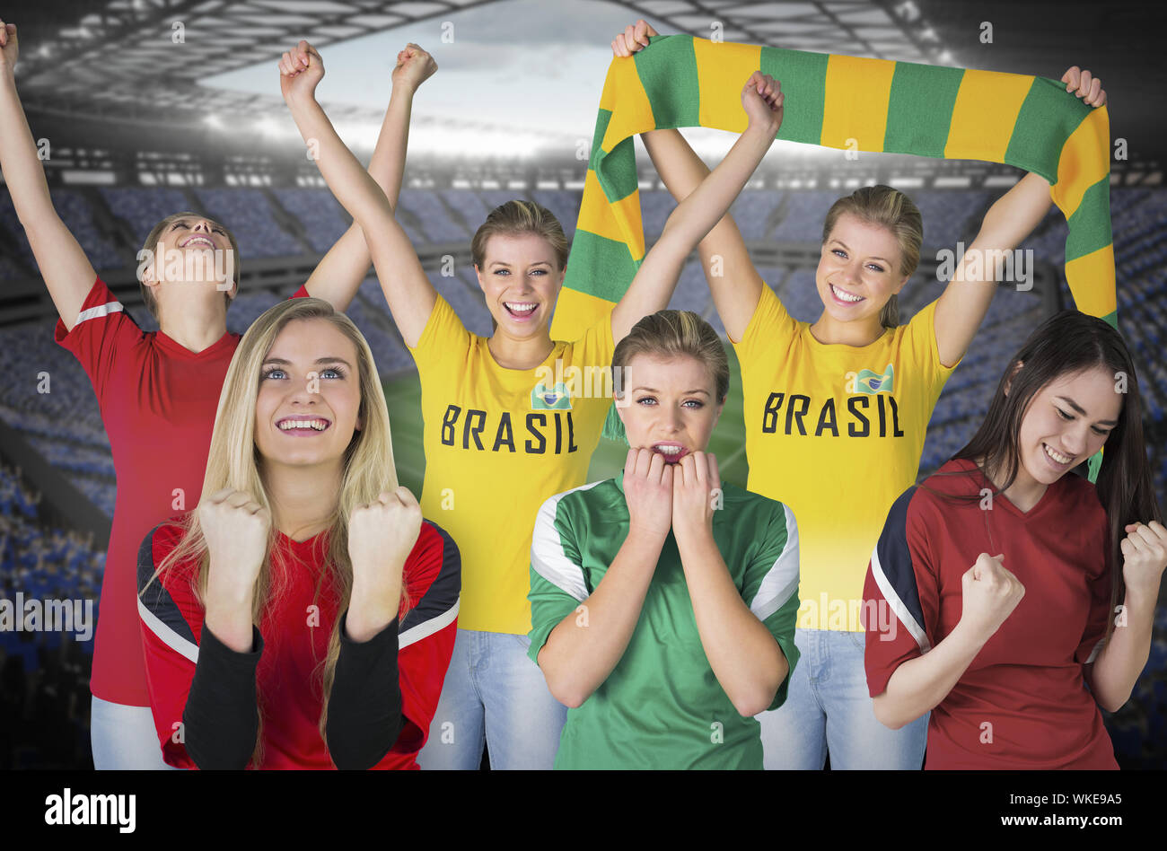 Composite image of various football fans in red against large football ...