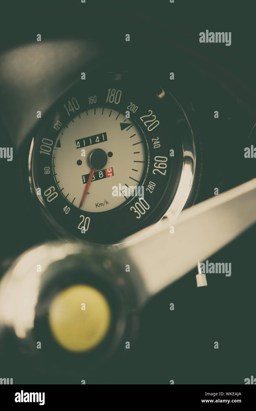 Color close up shot of a speedometer on a vintage car's dashboard Stock ...