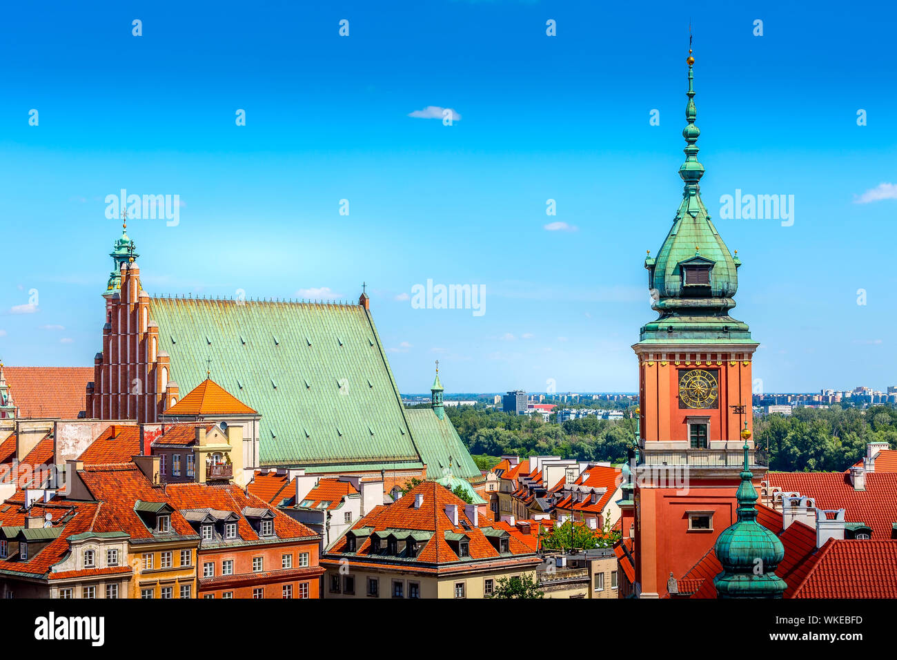 Warsaw, Poland colorful houses and towers in Castle Square in the Old ...