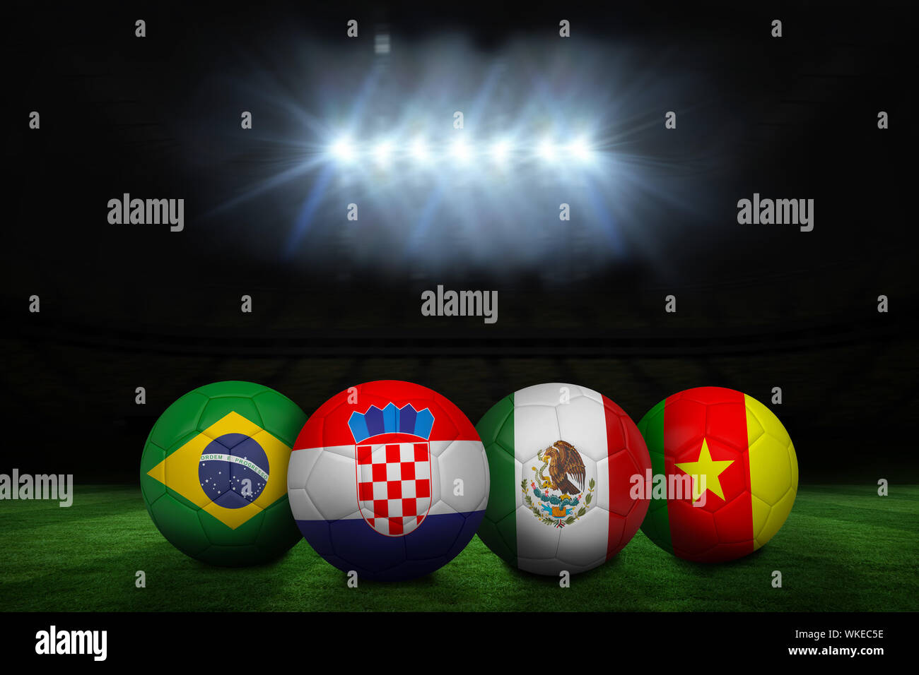 Group a world cup footballs under spotlight on football pitch Stock ...