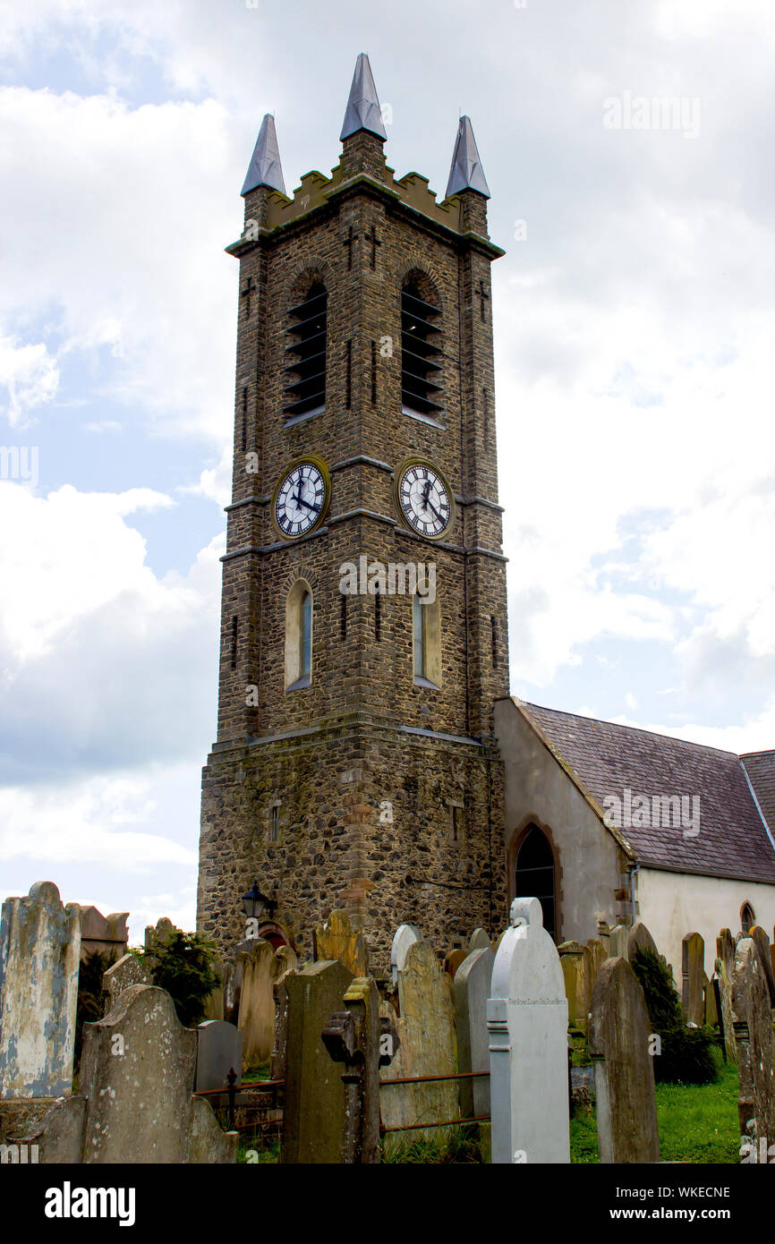 7 August 2019 Donaghadee parish Church building with bell and clock ...