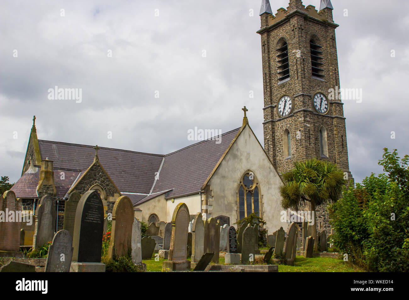 7 August 2019 Donaghadee parish Church building with bell and clock ...