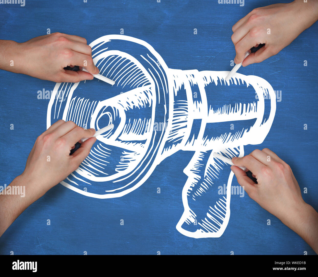 Composite image of multiple hands drawing megaphone with chalk against ...