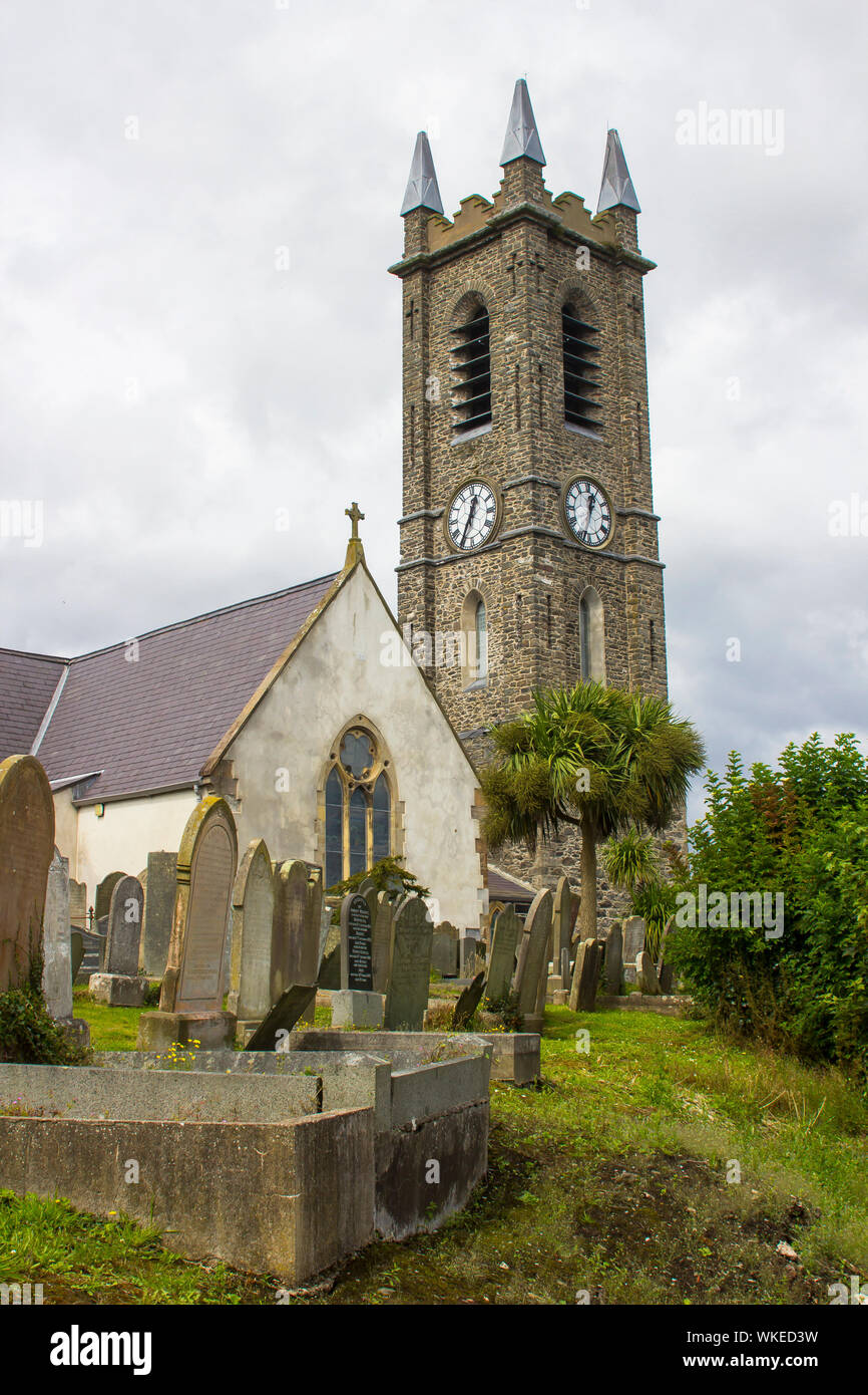 7 August 2019 Donaghadee parish Church building with bell and clock ...