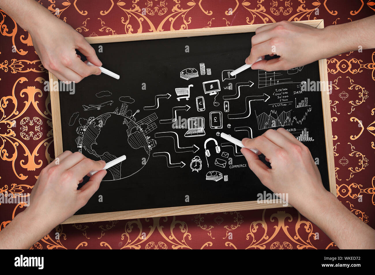 Composite image of multiple hands drawing brainstorm with chalk against ...