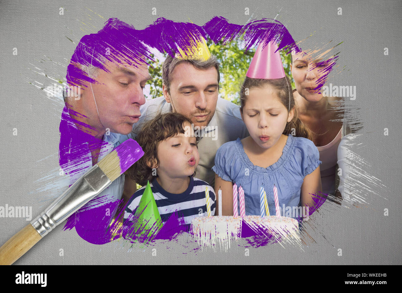 Composite image of family celebrating a birthday with paintbrush dipped ...