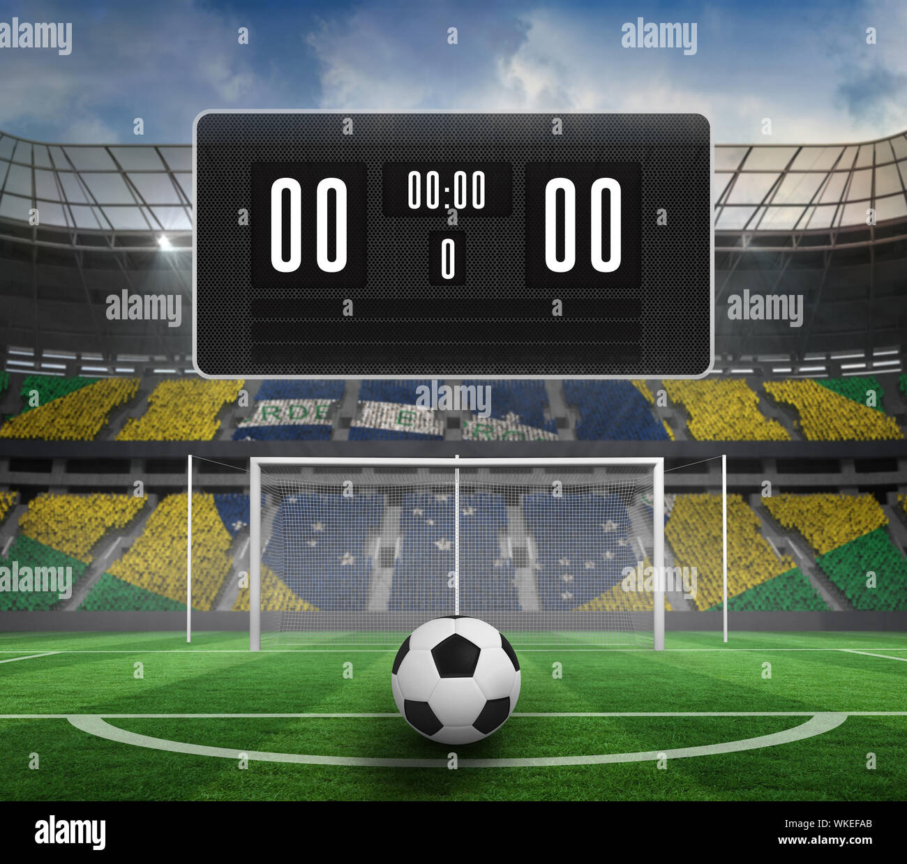 Black scoreboard with no score and football against football pitch in ...