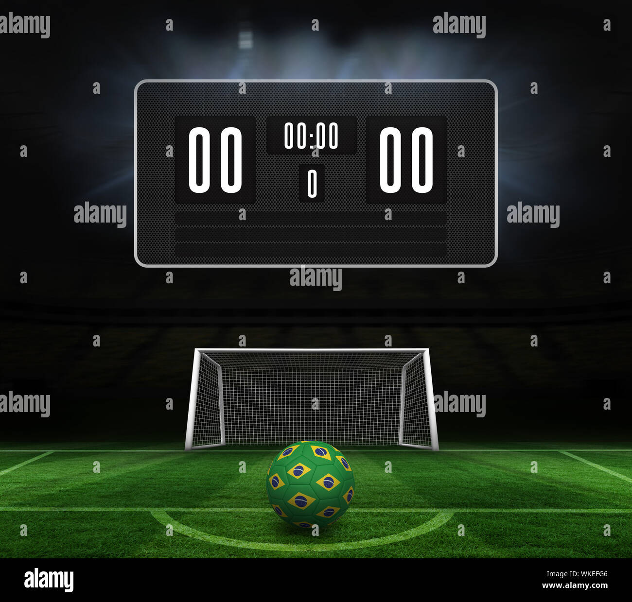 Football in brazilian colours and scoreboard against football pitch and ...