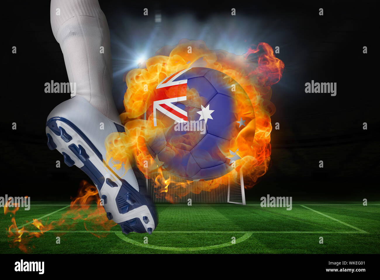 Football player kicking flaming australia flag ball against football ...